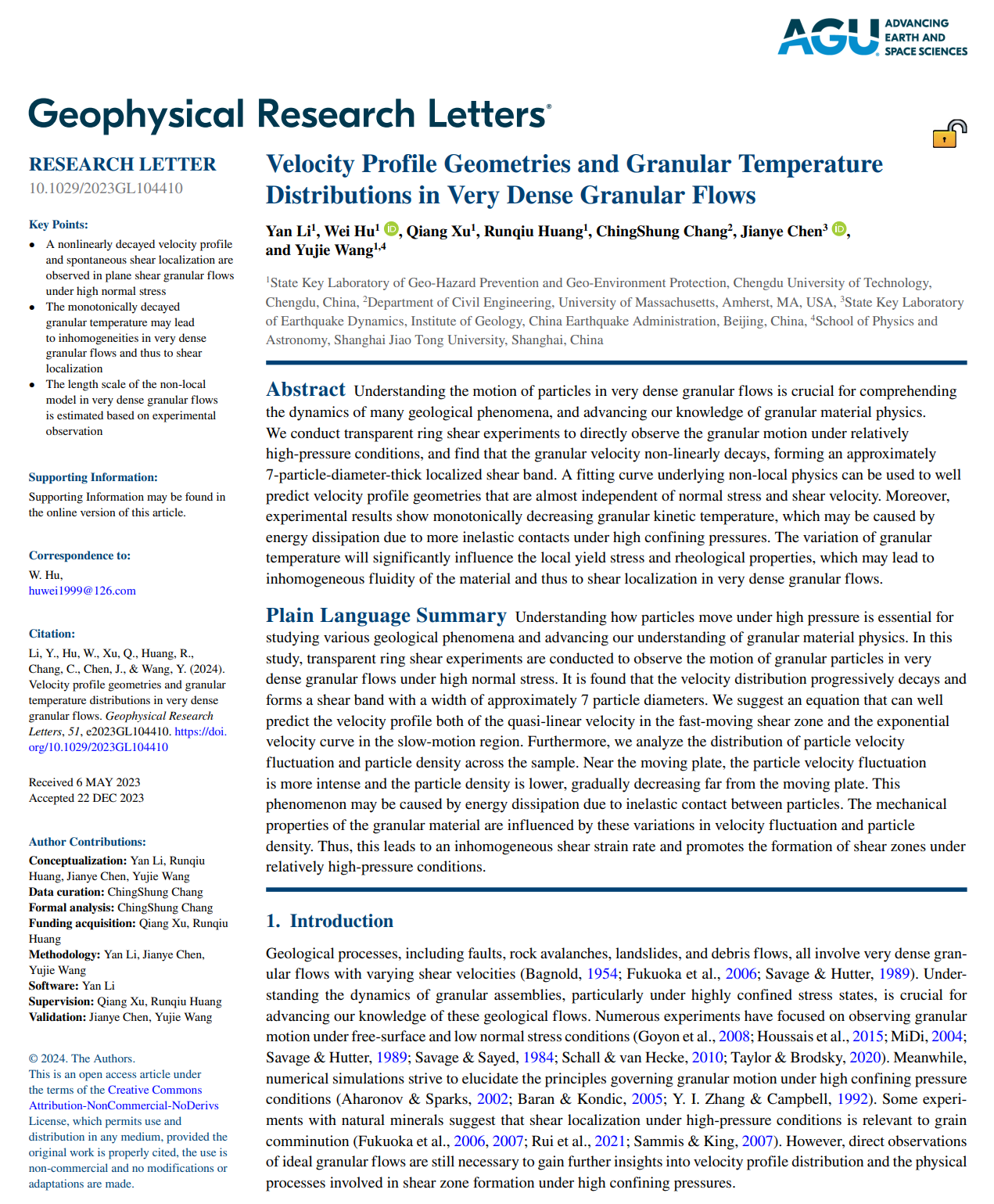 重要进展 地灾国家重点实验室在自然指数期刊《Geophysical Research Letters》上发表密集颗粒流速度与颗粒温度分布规律 ...